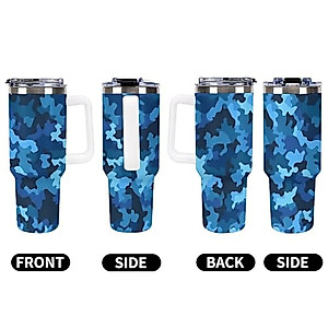 LLUTSNTH 40 Oz Vacuum Tumbler with White Handle Leakproof Insulated Tumbler Blue Camo Stainless Steel Travel Mug with Lid And Straw Coffee Cup Cute Water Bottles Cup Holder Friendly