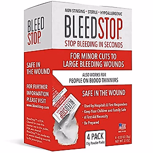 BleedStop™ First Aid Powder for Blood Clotting, Trauma Kit, Blood Thinner Patients, Camping Safety, and Survival Equipment for Moderate to Severe Bleeding Wounds or Nosebleeds - 4 (15g) Pouches