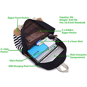 Women Laptop Backpack High School Bookbag 15.6 inch Casual Travel College Canvas with USB Charging Port (4-Black)