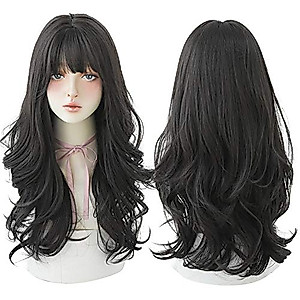 Long Black Body Wave Wigs with Bangs - 24 inch Glueless Synthetic Bodywave Wig, Heat Resistant Light Layered Wig for Girls Daily Party Cosplay