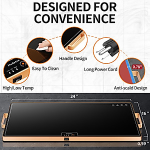 Electric Warming Tray（Large 24"x16"），Food Warmer with Thermostat and Full Surface Heating，Food Warming Mat with 2 Temperature Modes for Parties Buffet，Gatherings，Gold Edge Handles Warming Mat for Food