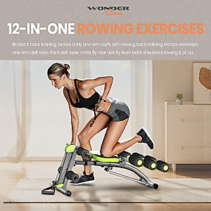 WONDER CORE Pro Max Workout Equipment Home Gym, 4-in-1 Exercise Equipment: Rowing Machine, Leg Press Machine, Ab Glider Machine, Roman Chair, Fitness Equipment for Core Strength Training (Green)