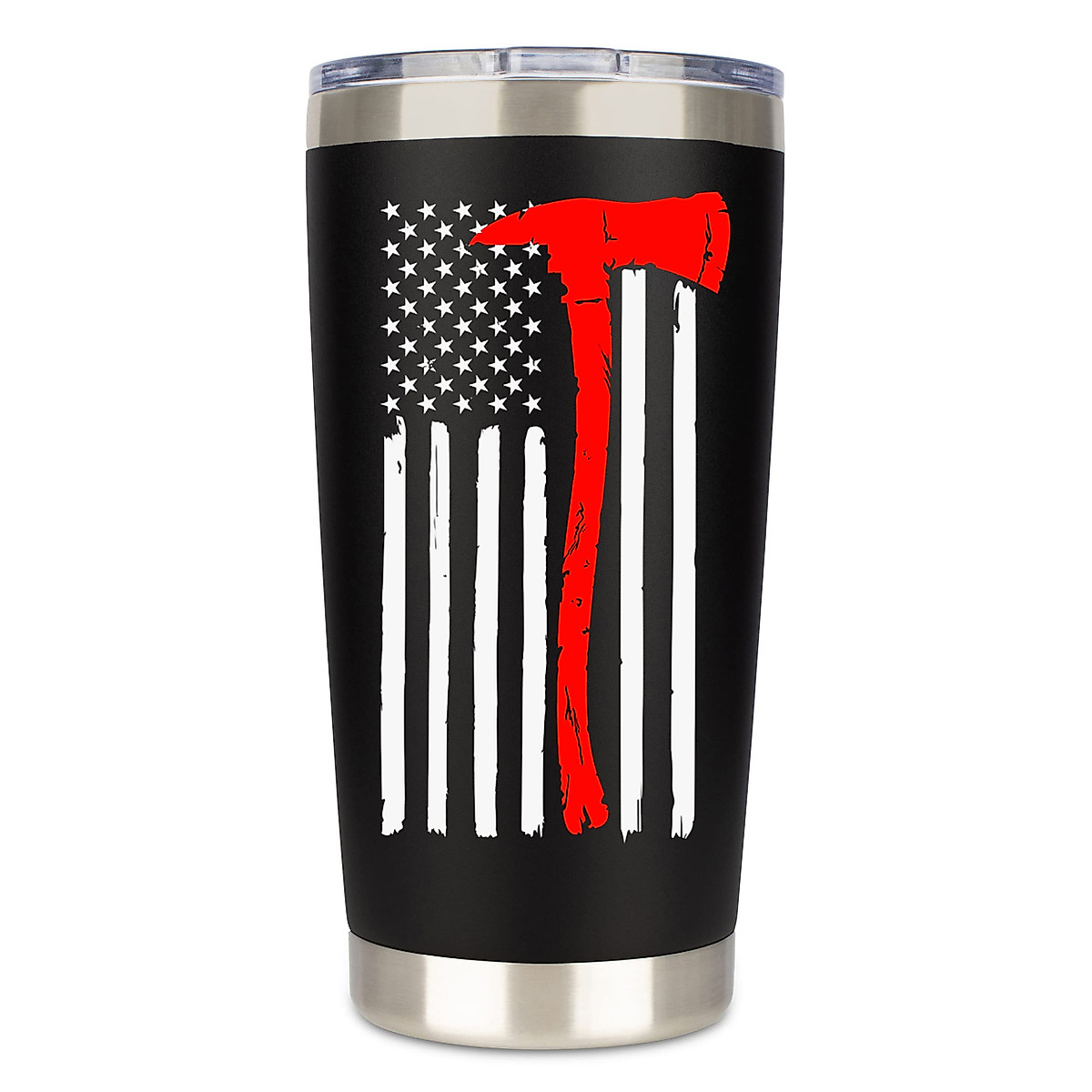 Firefighter Gifts for Men | Stainless Steel Travel Tumbler/Mug with Lid for Coffee Cup| Thin Red Line Flag Design for Fireman | Fire Department | First Responder Valentine's Day Gift (20oz Black)