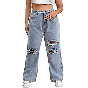 WDIRARA Women's Plus Size High Waist Ripped Wide Leg Jeans Baggy Denim Pants Light Wash 3XL