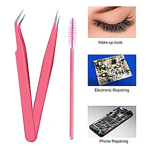 BlingKingdom Stainless Steel Eyelash Extension Tweezers Straight and Curved Tip Eyelash Tweezers for Eyelash Extension Applications with Eyelash Brush