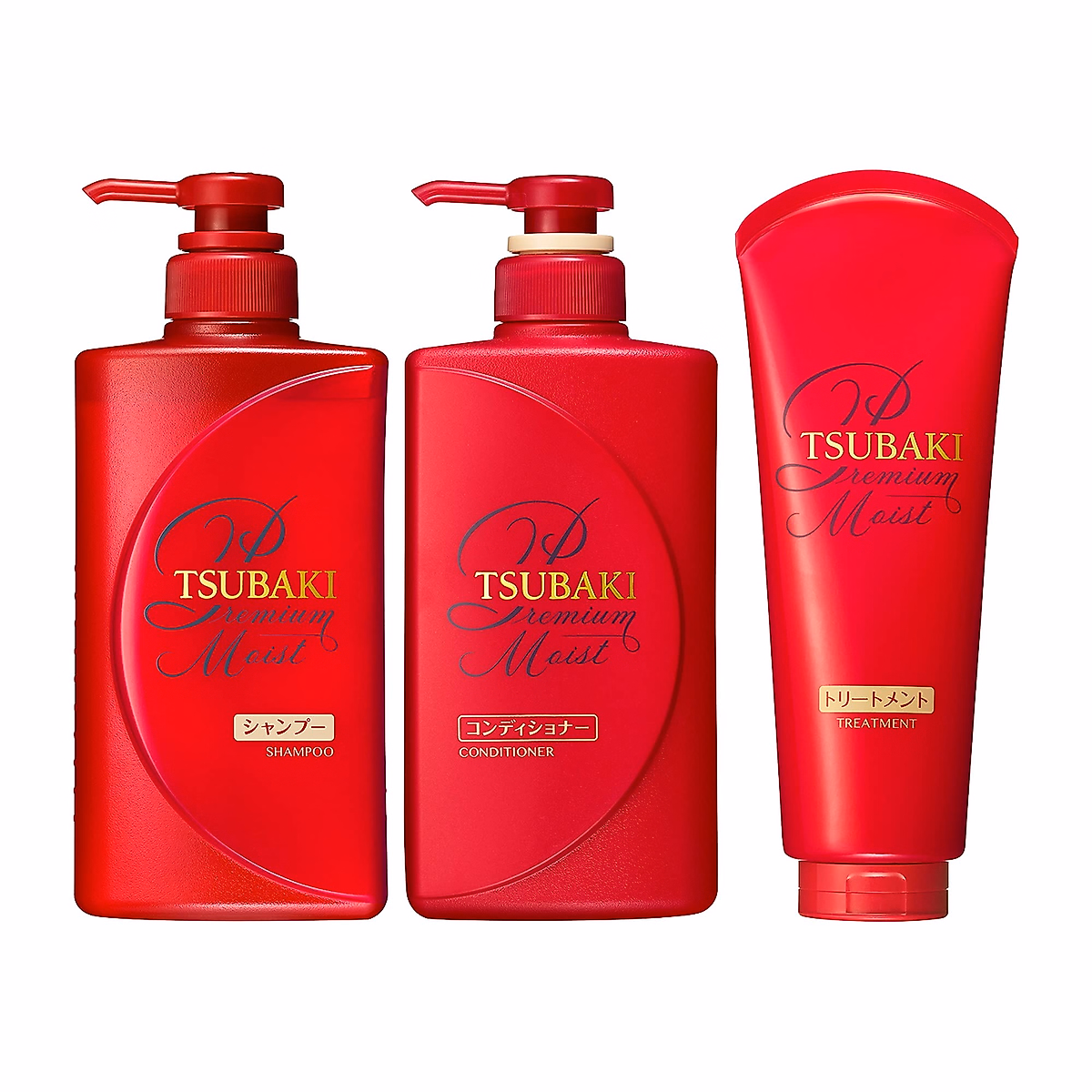 TSUBAKI Premium Moist Glossy Hair Feeling Set (Shampoo 490 ml, Conditioner 490 mL, Treatment, 6.3 oz (180 g)