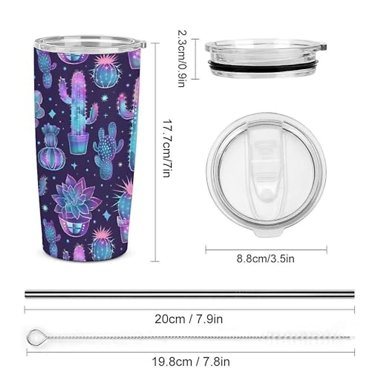 KIOWEIR Neon Cactus And Flowers Stainless Steel Tumbler 20oz With Lid And Straw, Insulated Tumblers Coffee Cup, Travel Mug for Ice Drink & Hot Beverage for Women Men Boys Girls