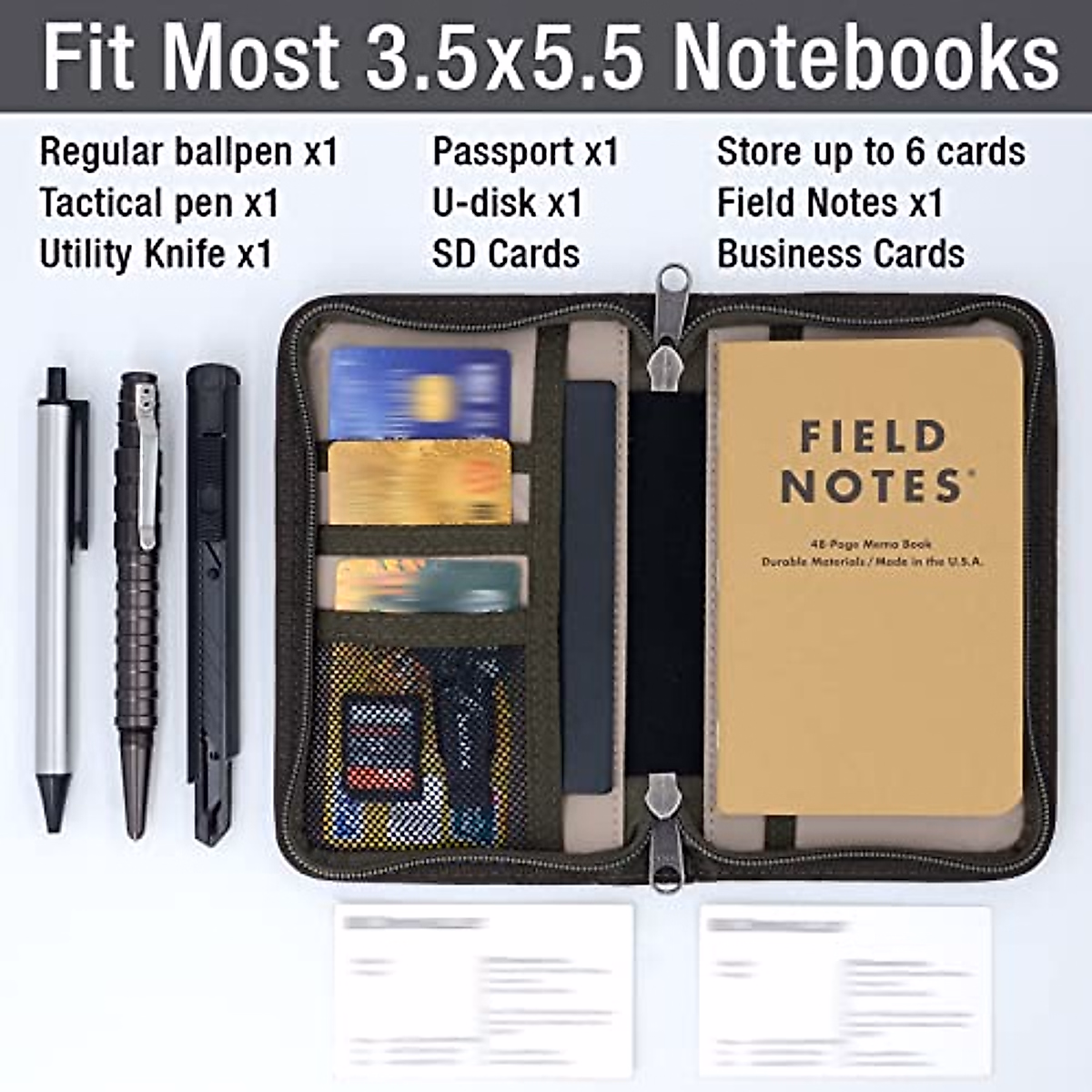 Tintris Journal Cover for Field Notes Notebooks Moleskine Cahier 3.5 x 5.5 with zipper pen holder, Water Resistant Pocket Notebook Cover for Journal Notebook planner, Classy Waxed Canvas, Olive