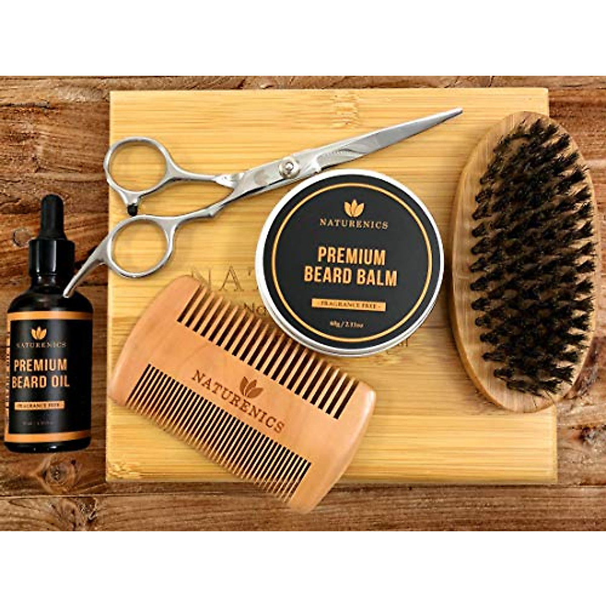 Naturenics Premium Beard Grooming Kit for Men - 100% Organic Unscented Beard Oil, Beard Balm Butter Wax, Beard Brush, Beard Comb, Beard Scissors for Beard & Mustache-with Bamboo Box & eBook