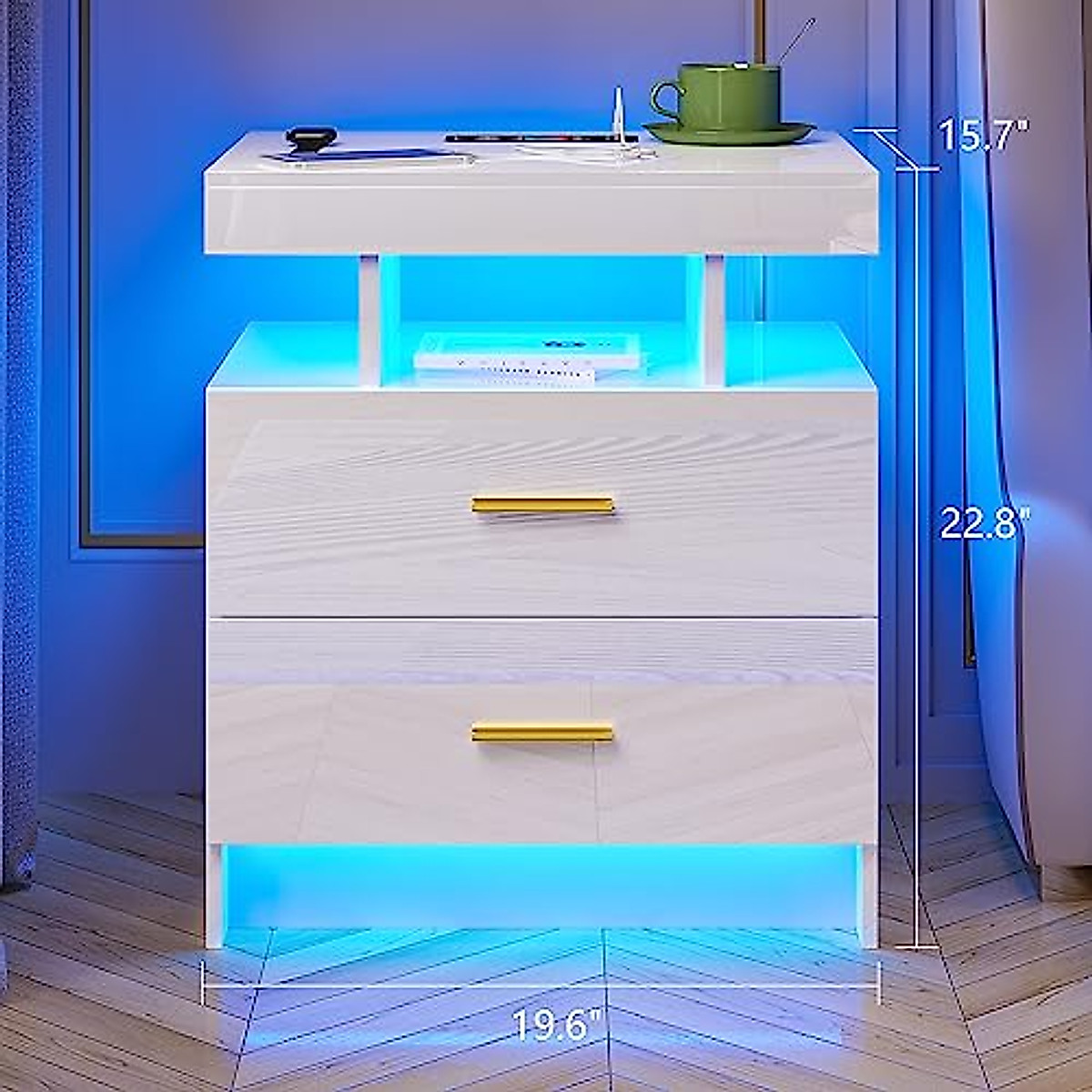HNEBC LED Nightstand, RGB White Night Stand with USB/Wireless Charging Station, Modern Bedside Table has Auto Sensor RGB Lights, End Side Table with 2 Drawer for Bedroom Furniture, White