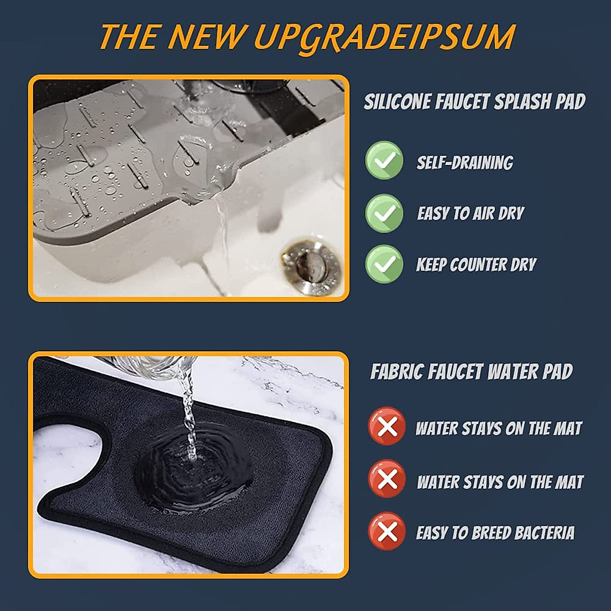 AMLETBH Silicone Sink Faucet Pad, Drip Protector Splash Countertop Protection, Kitchen Faucet Sink Splash Guard, Bathroom Faucet Water Catcher Mat, Sink Draining Pad Behind Faucet (L, Grey), Gray