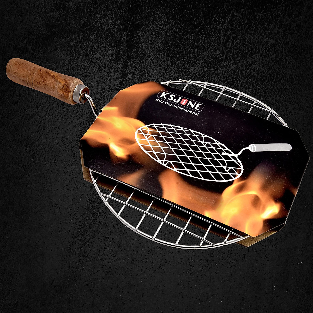 KSJONE Stainless Steel Multi-Functional Wire Steaming Cooling and Baking Barbecue Rack Round Wire Roaster Rack/Papad Jali/Roti Grill Round Shape with Wooden Handle
