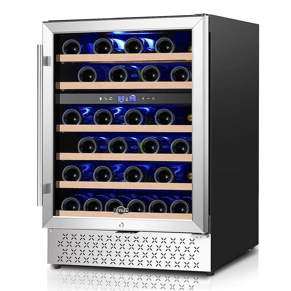 Tylza 24 Inch Wine Cooler Refrigerator 46 Bottle Dual Zone Built-in or Freestanding 24'' Wine Fridge with Stainless Steel & Professional Compressor and Temperature Memory Function
