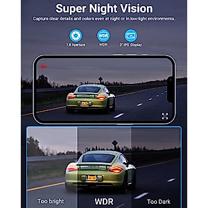 Dash Cam Front and Rear 4K Dash Cam Dash Camera for Cars Front 4K/2K Rear 1080P Built-in GPS with WiFi 3" IPS Display WDR Parking Mode, G-Sensor, Loop Recording, Night Vision, Support 128GB Max