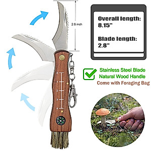 CABUGE Mushroom Knife with Brush & Sharpener, Folding Pocket knife with Wood Handle & Clip for Men Women, Folding Knives for Outdoor Camping