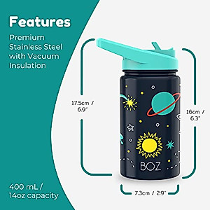 BOZ Kids Water Bottle for School with Straw Lid, Stainless Steel Insulated Water Bottle for Kids, Toddler Water Bottle, Leak Proof Water Bottle for Kids and Toddlers, 14 oz (414ml) (Space)