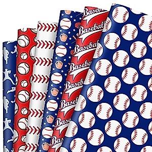AnyDesign 12 Sheet Baseball Wrapping Paper Red Blue White Sports Gift Wrap Paper Bulk Folded Flat Baseball Print Art Paper for Baseball Theme Birthday Party DIY Crafts Gift Wrapping, 19.7 x 27.6 Inch