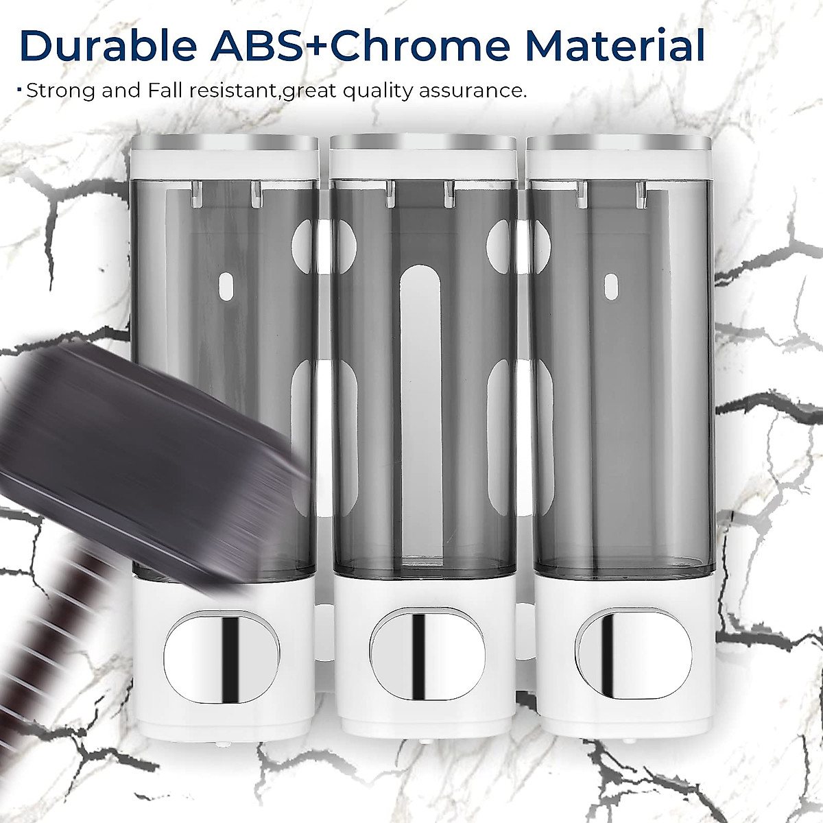 Pollock Shower Dispenser - 3 Chamber No Drill Wall Mounted Shampoo, Conditioner, Body Wash Dispenser for Bathroom, Large Capacity, White