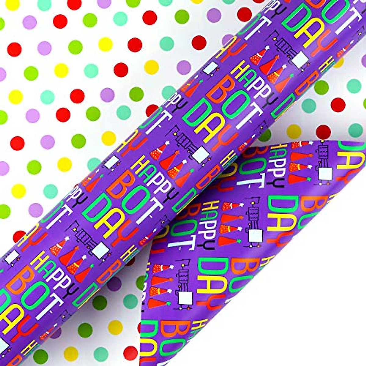 WRAPAHOLIC Reversible Wrapping Paper - 24 inch X 65.6 feet Jumbo Roll Colorful Happy Bot Day Lettering Design, Perfect for Birthday, Party, Holiday, Baby Shower Packing