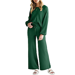ANRABESS Women’s Two Piece Crop Top & Wide Leg Pants Lounge Sweater Sets 2024 Fall Knit Sweatsuits Cozy Trendy Outfits Deep Green Medium