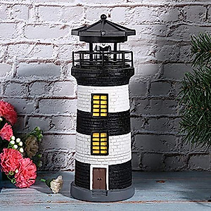 LED Solar Power Lighthouse Statue Outdoor Decor Rotating Outdoor Light Garden Yard Lawn Craft Ornament(Black+White)