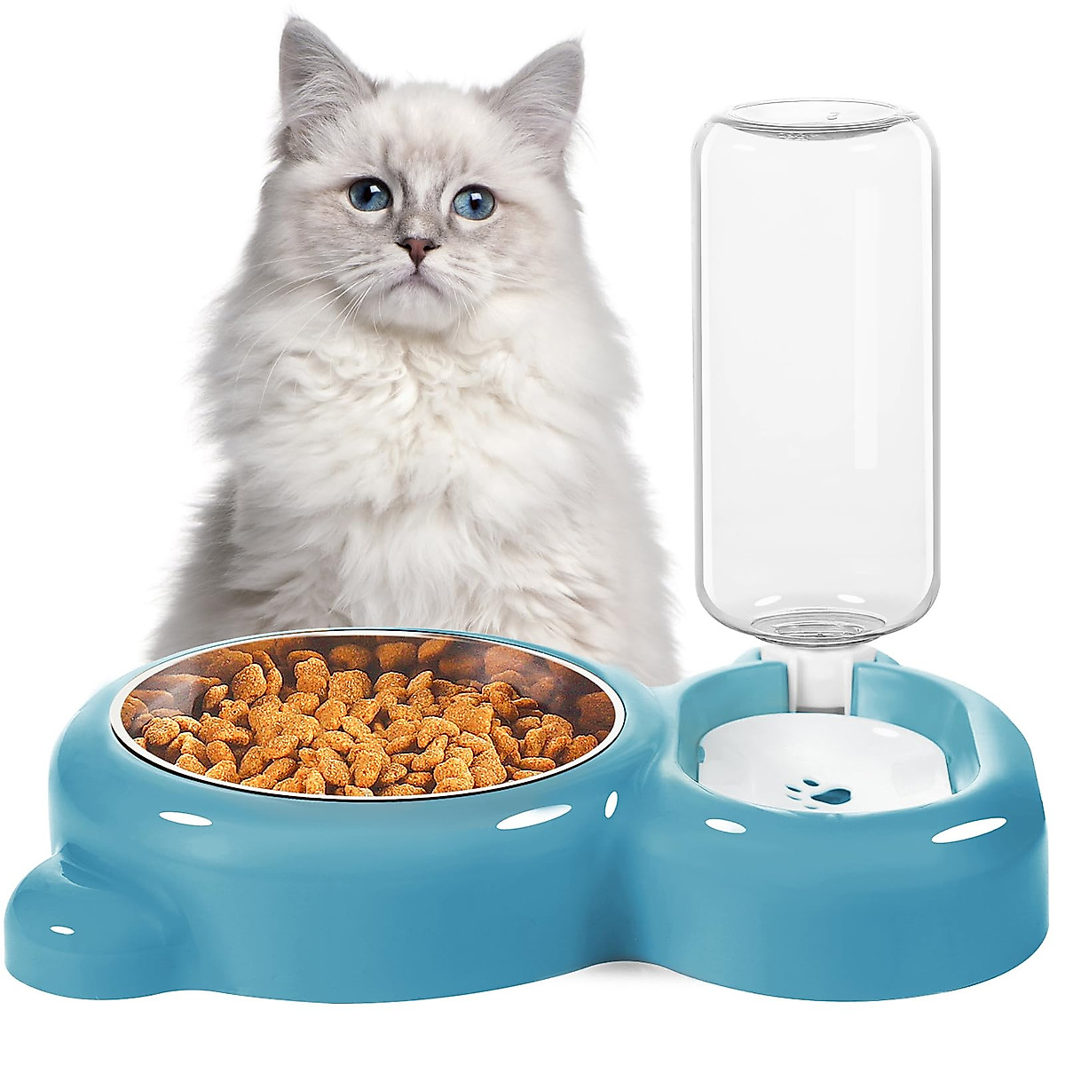 Dog Bowls, Cat Food and Water Bowl Set with Water Dispenser and Stainless Steel Bowl for Cats and Small Dogs - Blue