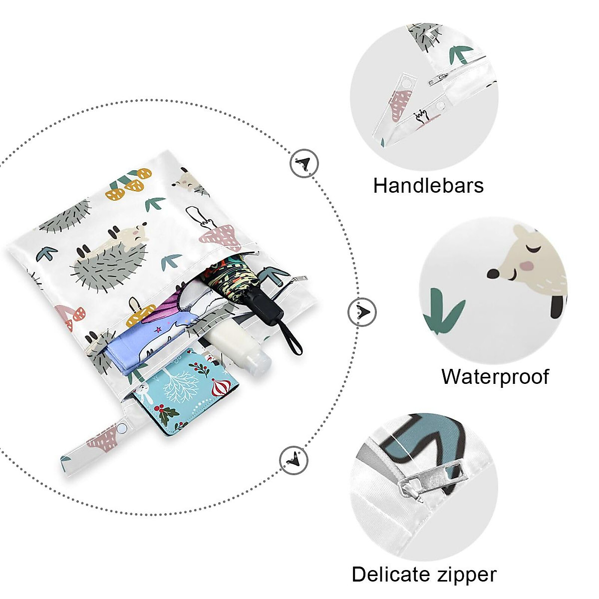 susiyo Cloth Diaper Wet Dry Bags Childish Cute Hedgehog Mushrooms Waterproof Reusable Wet Bags with Two Zippered Pockets Baby Stroller Travel Beach Pool Gym Bag for Dirty Clothes Wet Swimsuits 2 Pack