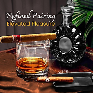 The Cocktail Box Co Cigar Whiskey Glass with Cigar Holder, Whiskey Cigar Glass Holder Set with 2 Whiskey Stones, Old Fashioned Cigar Cup Holder, Premium Bourbon Glass Cigar Holder, Gifts for Men