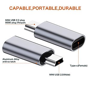 USB C to Mini USB 2.0 Adapter, (2-Pack)Type C Female to Mini USB 2.0 Male Convert Connector Support Charge & Data Sync Compatible GoPro Hero 3+, MP3 Players, Dash Cam, Digital Camera, GPS Receiver etc