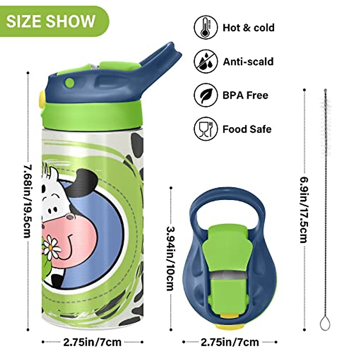 Kigai Cute Little Cow Insulated Water Bottle with Straw Lid for Kids, Vacuum Stainless Steel Metal Water Bottles for Toddlers, Leak Proof BPA-Free Water Flask Tumbler