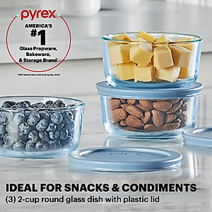 Pyrex Colors (3-Pack, Small) Tinted Glass Round Food Storage Container Set, Snug Fit Non-Toxic Plastic BPA-Free Lids, Freezer Dishwasher Microwave Safe, 2 Cup (x3) Tinted Glass , Blue