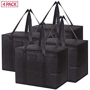 Set of 4 Large Insulated Reusable Grocery Bags with Sturdy Zipper and Handles, Foldable Washable Heavy Duty Cooler Totes for Hot or Cold Food Delivery, Groceries, Travel, Shopping