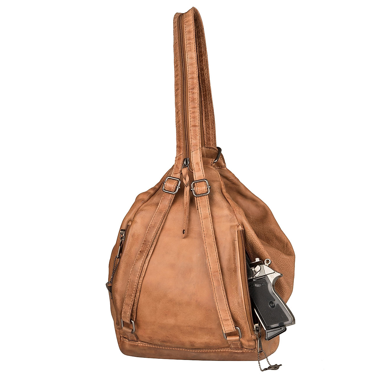 Locking Concealed Carry Leather Tactical Outdoors Sling Marley Backpack with Universal Holster and RFID Organizer (Cognac)