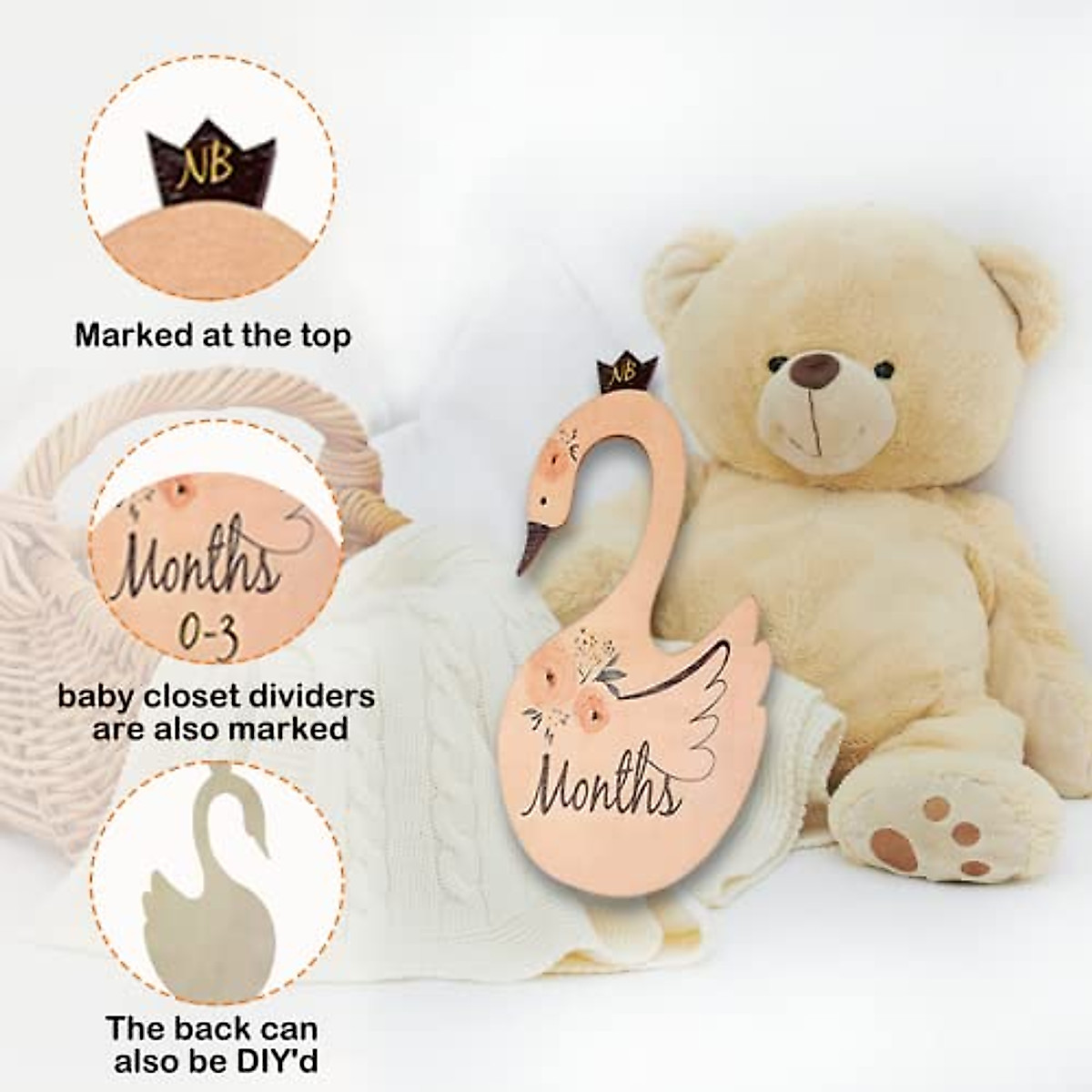 Quaocens 7 PCS Baby Closet Dividers, Swan-Shaped and Flower Pattern Wooden Baby Clothes Dividers for Closet, Marked Newborn To 24 Months Of Different Ages, Can Be Used To Organize The Baby Closet.