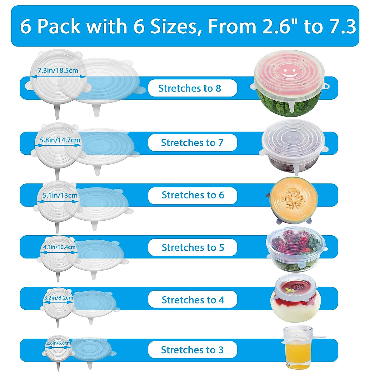 Bntyok 6pcs Silicone Stretch Lids 6 Sizes Round Reusable Silicone Bowl Covers BPA-free Keep Food Fresh Silicone Food Covers for Various Food Containers & High and Low Temperature Scenarios