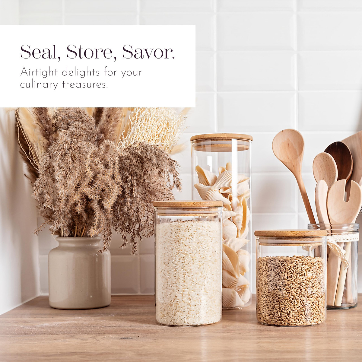 WHOLE HOUSEWARES Glass Jars with Bamboo Lids - 4-Piece Modular Set (33.8oz, 25.4oz, 15.2oz, 11.2oz) with Modern Wooden Lids - Transparent, Fresh & Convenient Air Tight Pantry Storage Containers