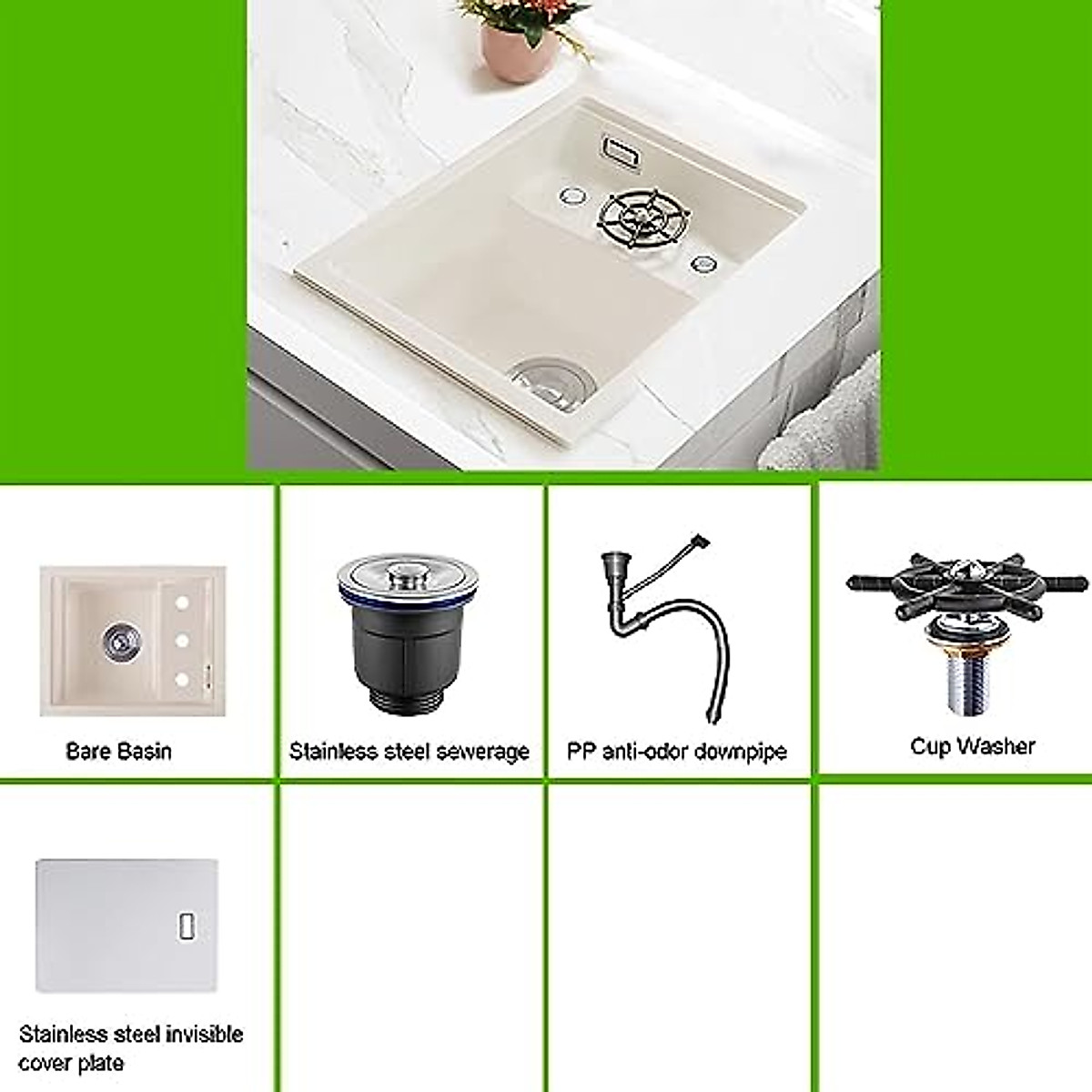 DOKERS Waterfall Kitchen Sink Kitchen Sink Quartz Stone White Invisible Small Sink with Cup Washer Kitchen Single Sink Hidden Bar Island Sink (Color : 1, Size : 48X38X22.5Cm)