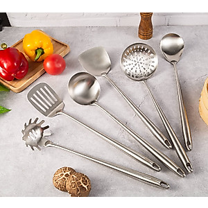 17Inch 304 Stainless Steel Kitchen Utensils Set, 6-Pieces All Metal Extra Long Handle Cooking Tools with Wok Spatula, Soup Ladle, Skimmer Spoon, Slotted Spatula Turner, Spaghetti Server, Solid Spoon