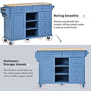 Merax Rolling Mobile Kitchen Island Cart with Wood Desktop and Storage Drawers, 53 Inch Width, Blue