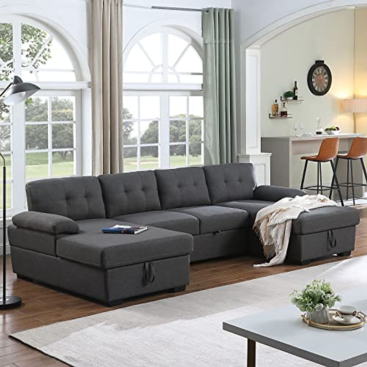 Moxeay Lifestyle Sectional Sofa Set Pull Out Couch U Shaped Sectional Couch with Storage Chaise Modular, Dark Grey