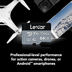 Lexar 64GB Professional 1066x micro SD Card w/ SD Adapter, UHS-I, U3, V30, A2, Full HD, 4K, Up To 160/70 MB/s, for Action Cameras, Drones, Smartphones, Tablets, Nintendo-Switch (LMS1066064G-BNANU)