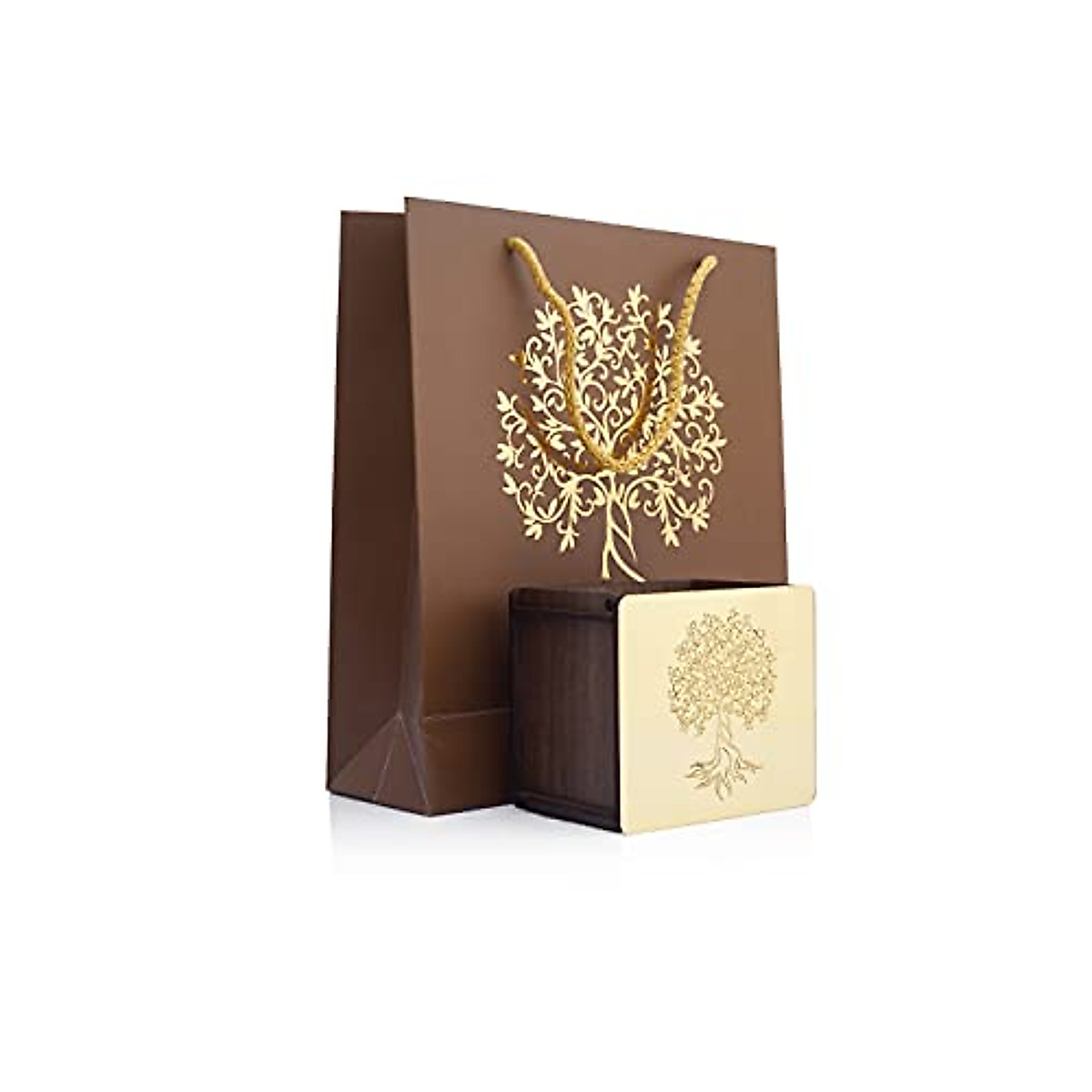 LUCCE Wooden Ring Box for Proposal Slim - Small Engagement Ring Box Wood - Golden Mirror Effect Tree of Life Pattern Rustic Wedding Decorations for Ceremony, Jewelry Box - Wooden Storage Box with Ring Bearer and Perfect for Proposal, Wedding, Ceremony, En