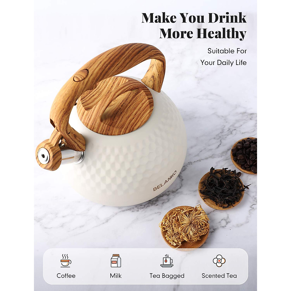 Tea Kettle, 2.7 Quart / 3 Liter BELANKO Stainless Steel Kettles for Stove Top, Food Grade Teapot with Wood Pattern Handle Loud Whistling for Coffee, Milk etc, Gas Electric Applicable - Milk White