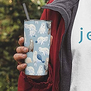 KIOWEIR Cute Seal Big White Bear Owl Stainless Steel Tumbler 20oz With Lid And Straw, Insulated Tumblers Coffee Cup, Travel Mug for Ice Drink & Hot Beverage for Women Men Boys Girls