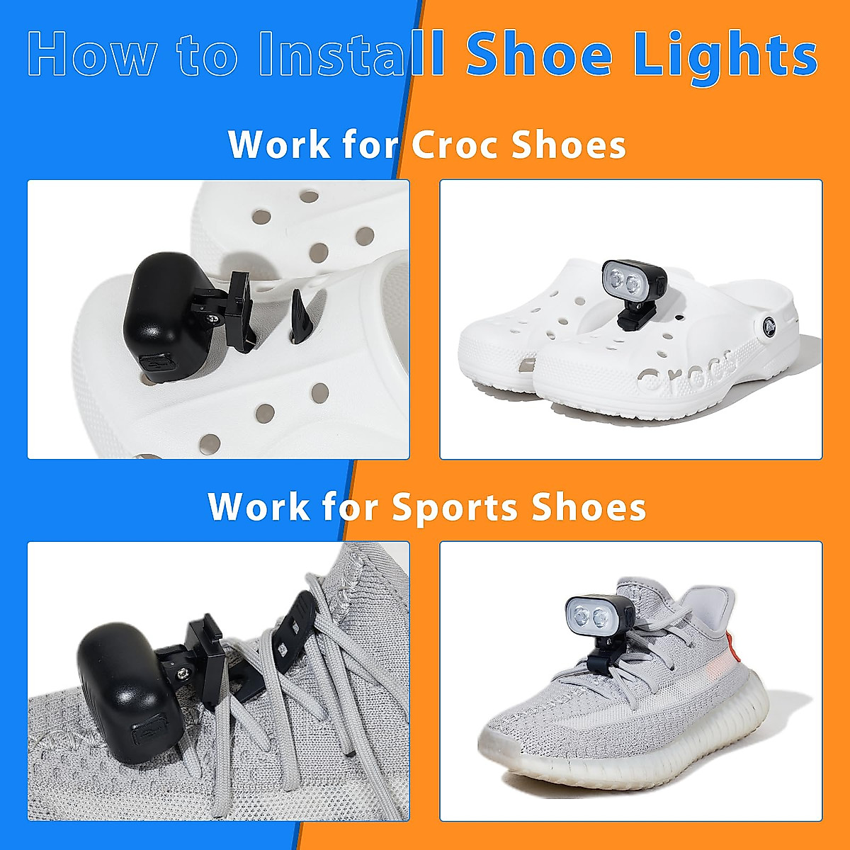 Headlights for Crocs 2 Pcs, ABS Lights for Croc Rechargeable - Super Bright, Head Adjustable, IPX6 Waterproof, Flashlight Attachment for Croc, Light Up Charm Accessories for Kids Adults Croc Shoes