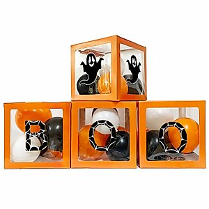 Halloween Balloon Boxes Decorations - Orange Transparent Box for Halloween Baby Shower, Birthday Party Decorations - Includes 4 Box Blocks, Black Ghost Boo Letter Stickers, 20 Latex Balloons