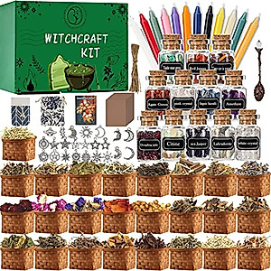 Witchcraft Supplies Kit 110 PCS, Aberer Beginner Witchcraft Kit for Altar Supplies,Wiccan Supplies and Gifts- Crystal Jars, Dried Herbs, Colored Candles, Spiritual Items for Witch Spells Altar Decor