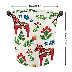 Laundry Hamper Basket Swedish Folk Dala Horses Laundry Bag Collapsible Oxford Cloth Stylish Home Storage Bin with Handles