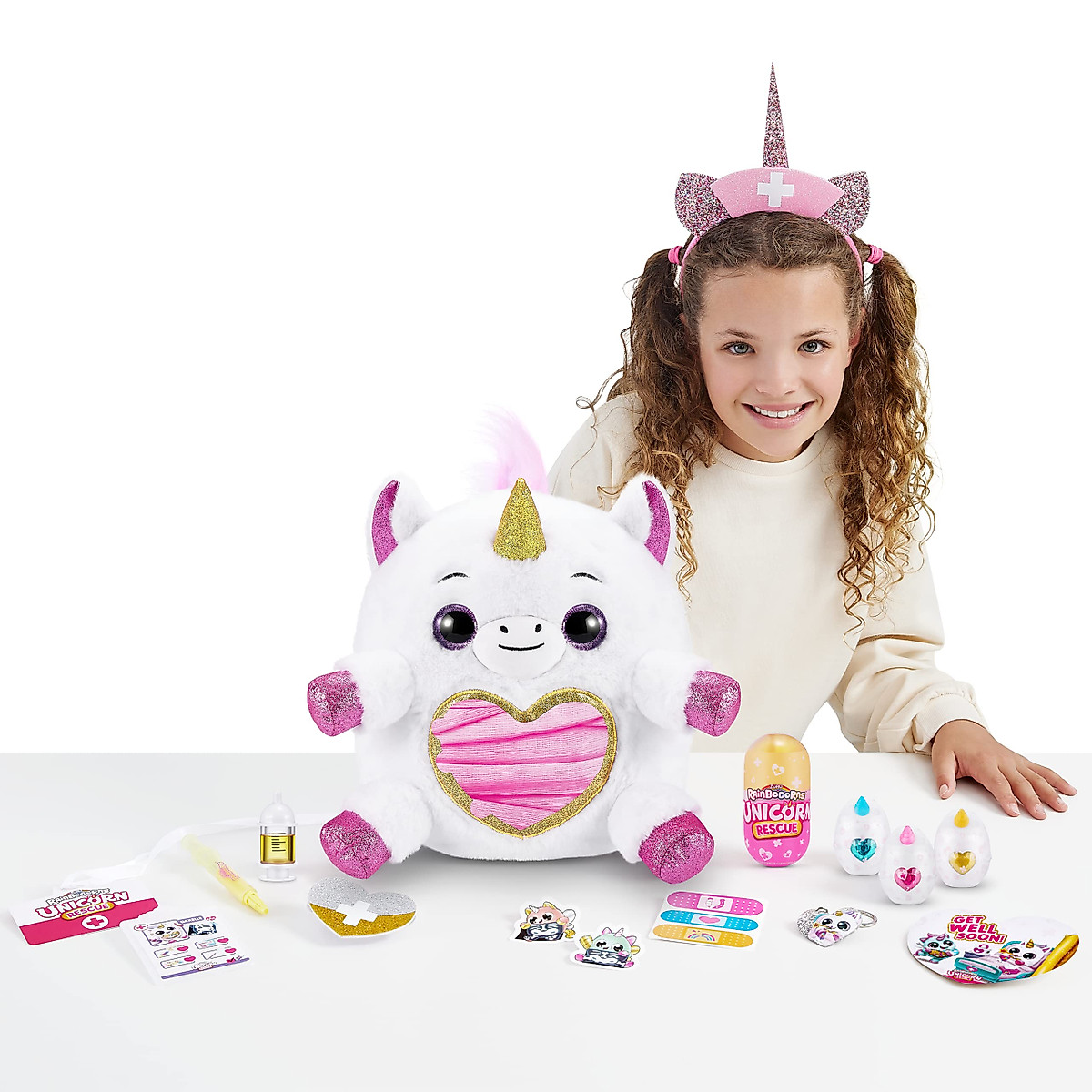 Rainbocorns Unicorn Rescue Surprise (Pink) by ZURU, Easter Basket Stuffers, Collectible Plush Stuffed Animal, Egg Toys, Sticker Pack, Magical Slime, Headband, Ages 3+ (DJ The Unicorn Plush)