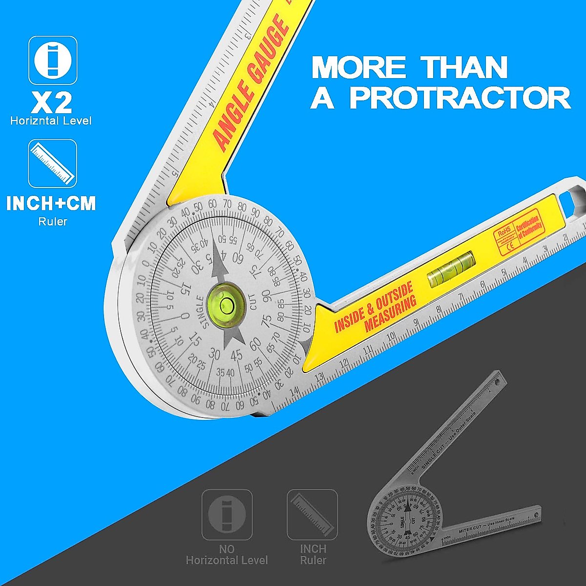 Miter Saw Protractor Angle Ruler, 360 Degree Measure Tool,Angle Finder Gauge with High Accuracy Bubble Level for Carpenters and All Building Trades